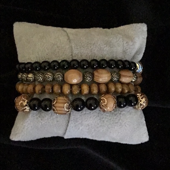 Jewelry | Tree Of Lifestretchy Gold Tone And Wood Bracelets | Poshmark